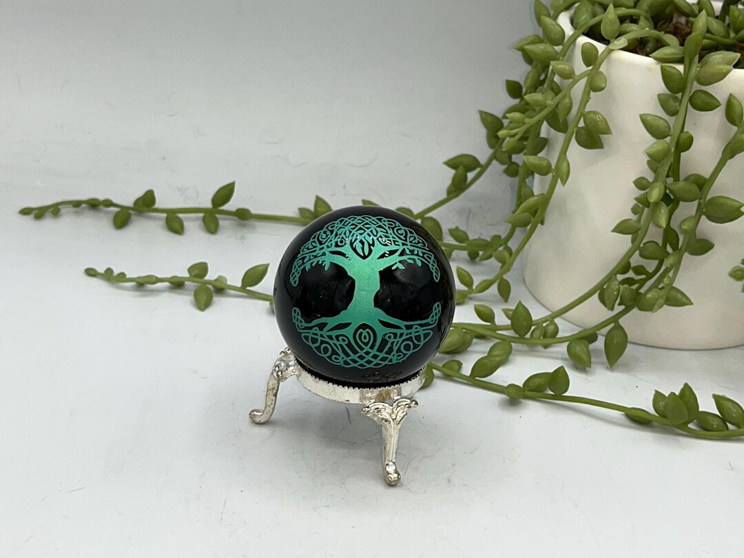 Black Obsidian Sphere, Norse/celtic Style Tree of Life Design Engraved ...