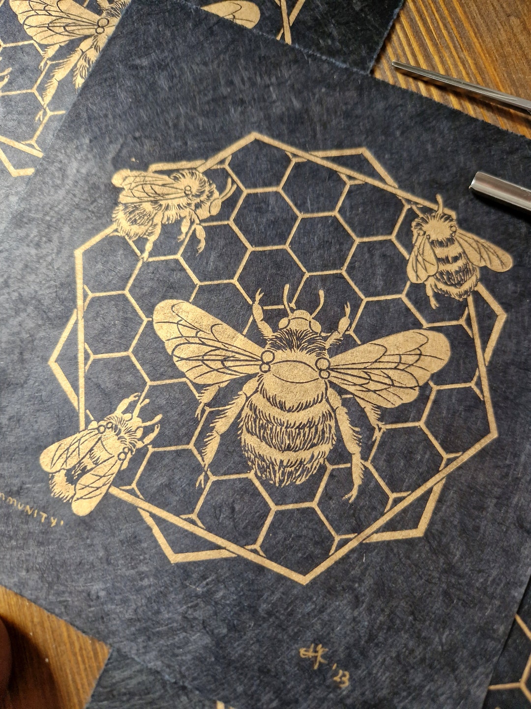 Original Lino Print Beehive Print Gold on Black Lokta Paper - Etsy