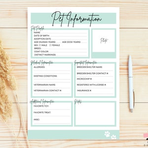 Pet Information Printable Tracker Log 8.5x11 | Instant Download PDF Dog ...