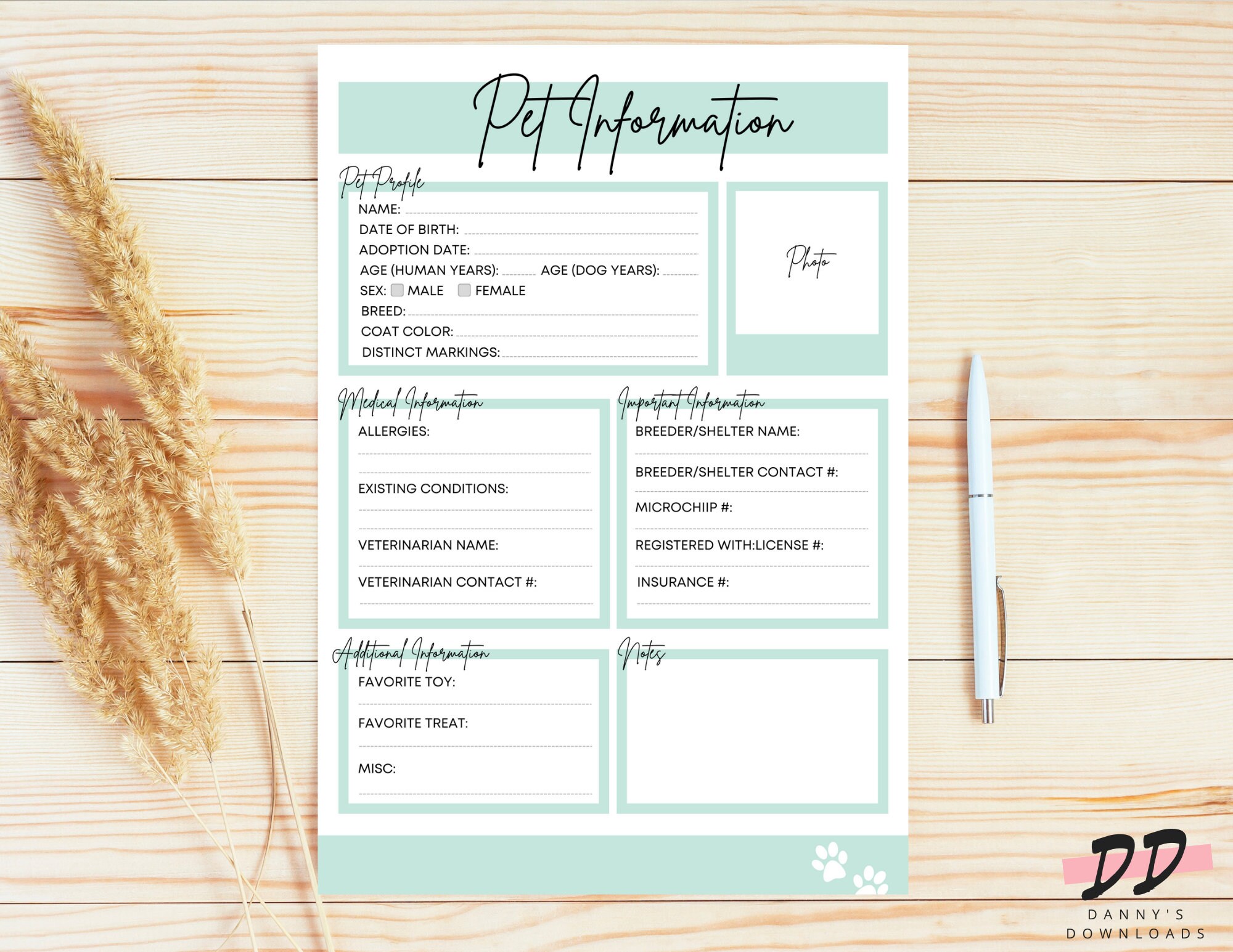 Pet Information Printable Tracker Log 8.5x11 Instant - Etsy