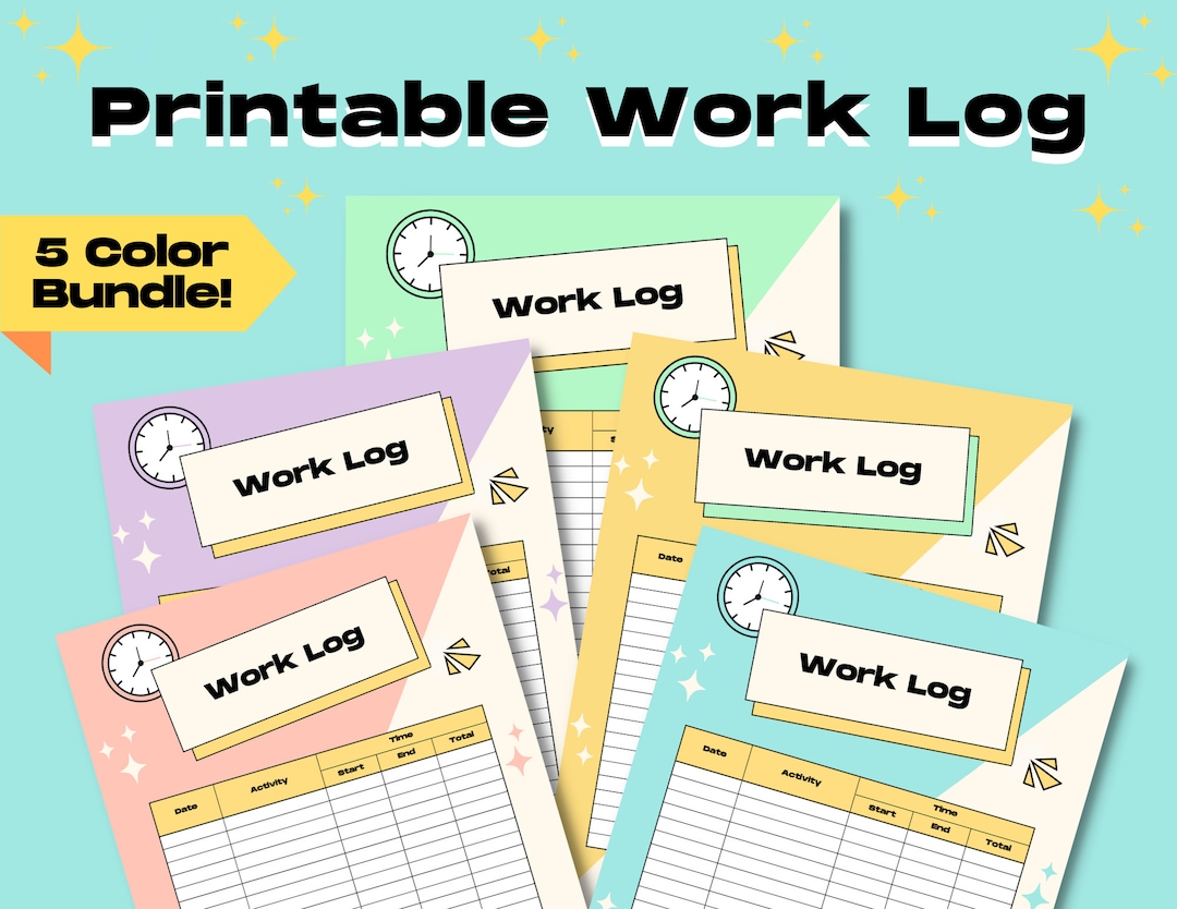 Printable Work Log - Multi Color Bundle - 8.5x11 - Time Tracker ...