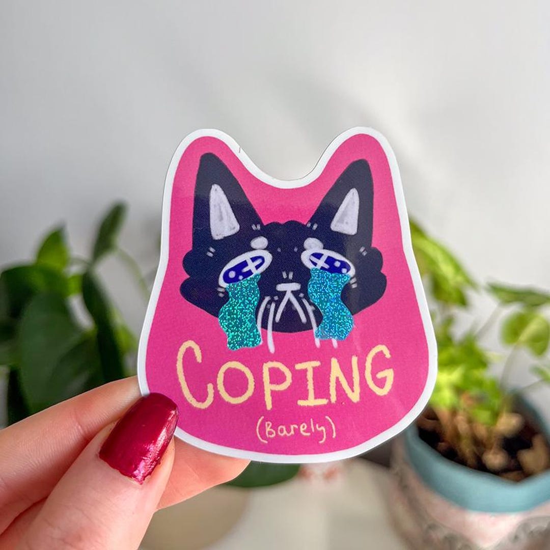 Crying Coping Cat Holographic Glitter Waterproof Sticker - Etsy