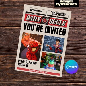 Spider Man Invite, Party Invitation, Spider Man Newspaper Party Invite ...