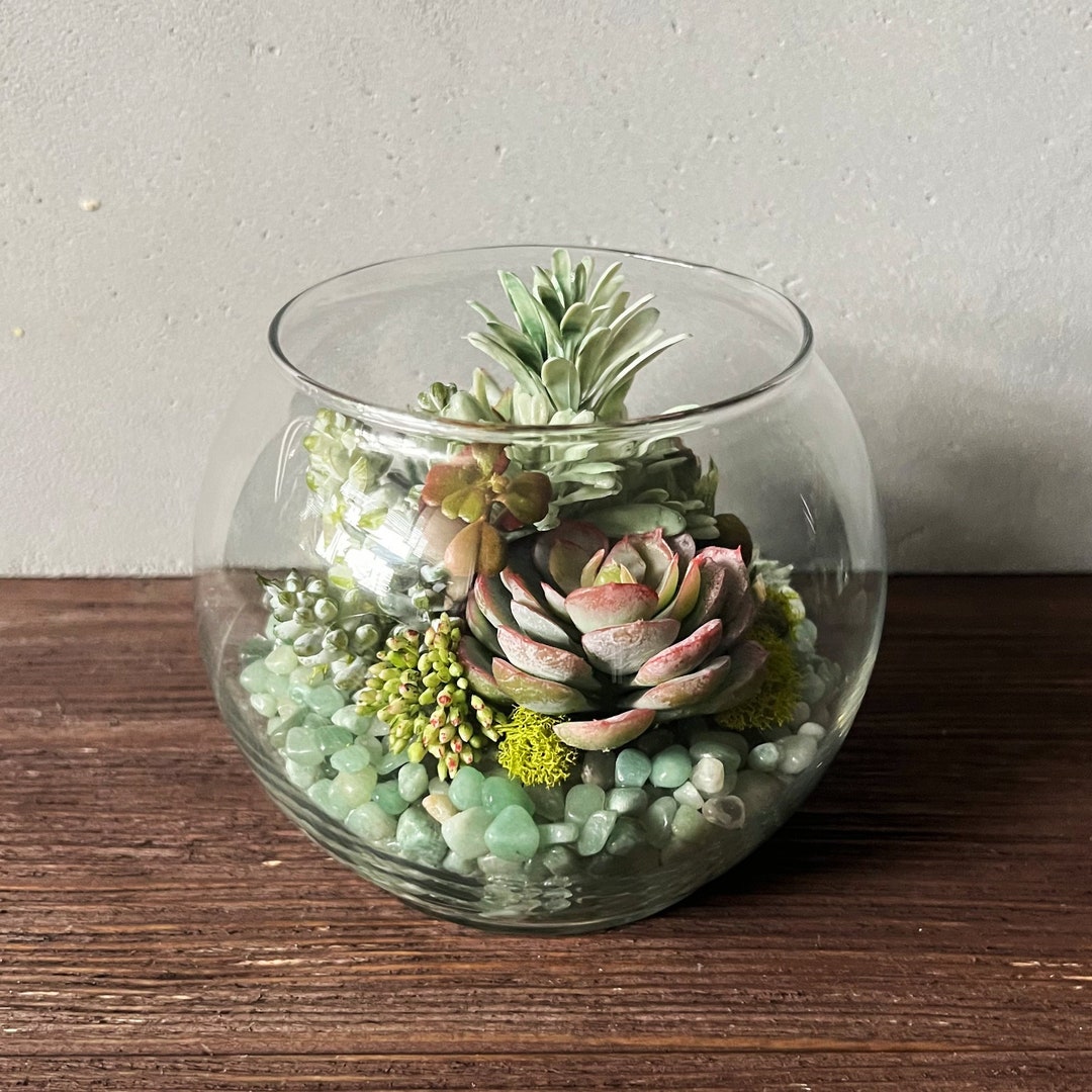 Glass Terrarium, Bubble Ball, Green Quartz, Artificial Succulents ...