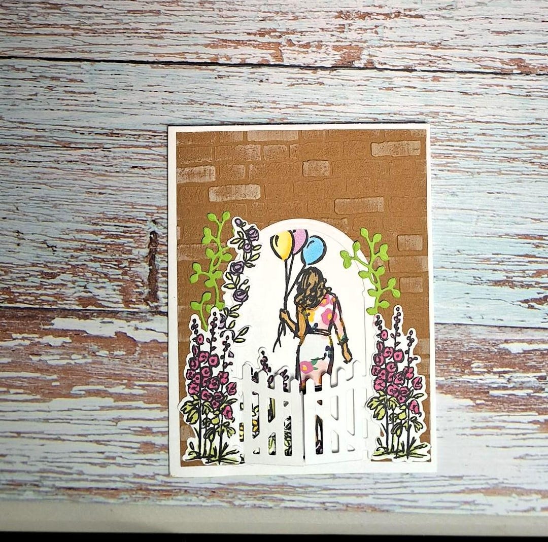 Handmade Birthday Card. Gate Opens to Reveal Flowers and a Young Woman ...