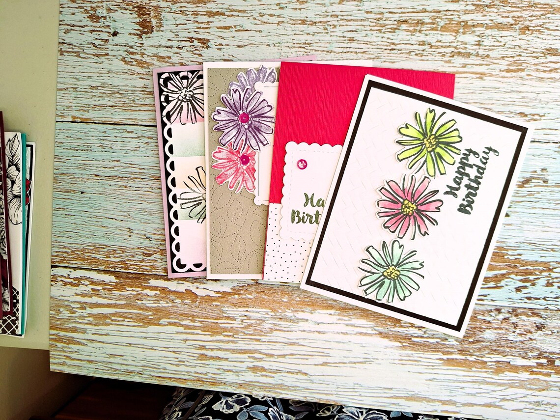 Set of 4 Cheerful Daisy Birthday Cards. Variety Pack each Card is ...