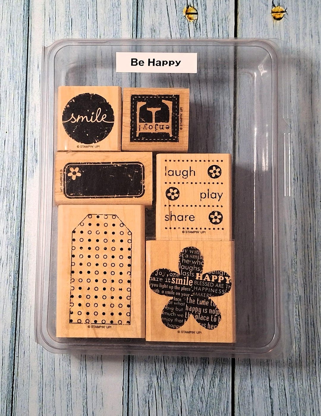 Vintage (2006) Stampin' Up! Stamp Set: "be Happy". 6 Wood Mounted ...