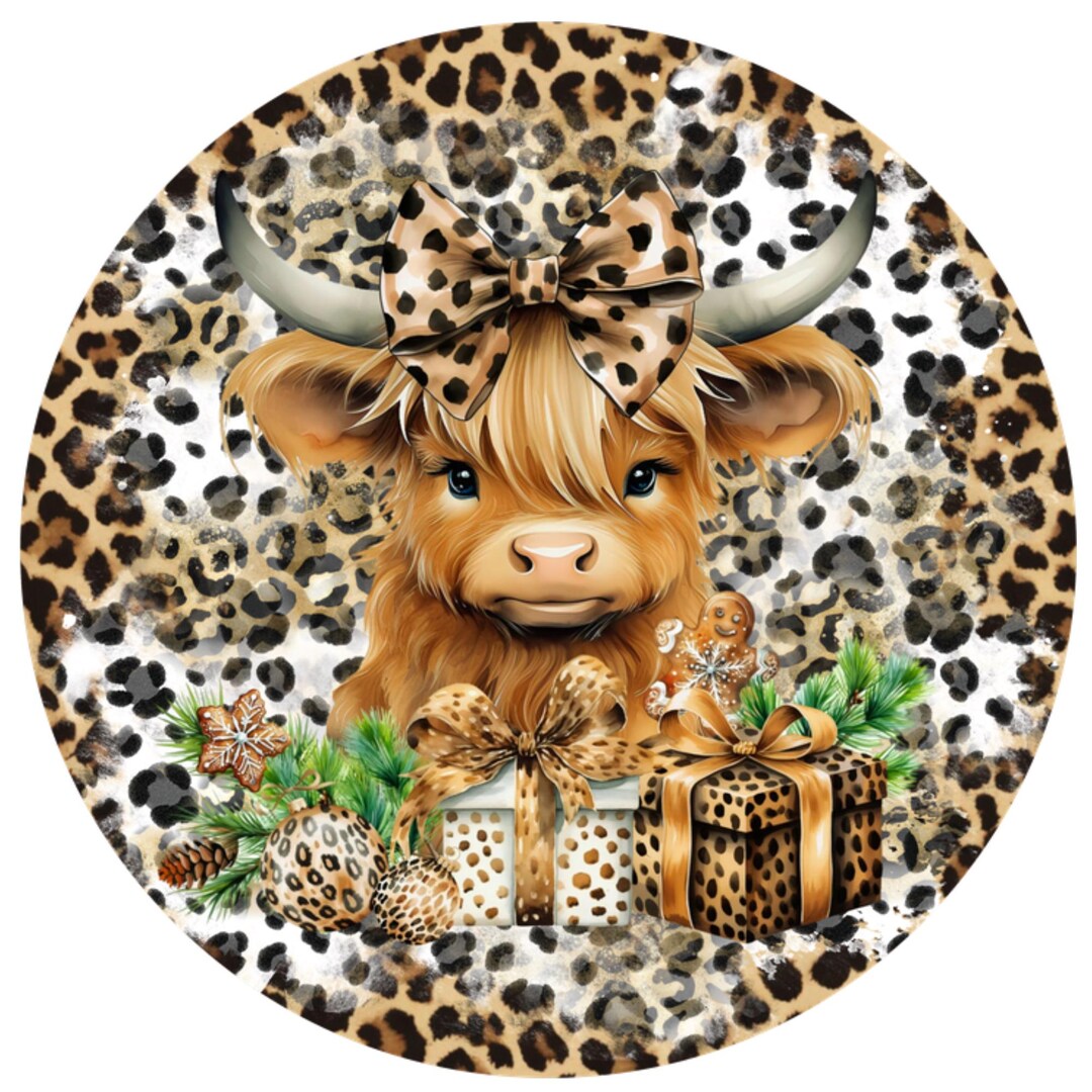Highland Cow Leopard Present Wreath Sign, Christmas Wreath Signs ...