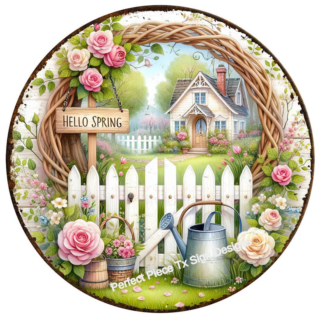 Hello Spring Fence Water Can Wreath Sign, Spring Wreath Signs, Spring ...