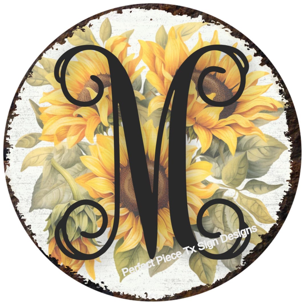 Monogram Sunflower Initial Wreath Sign, Sunflower Monogram Wreath Signs ...