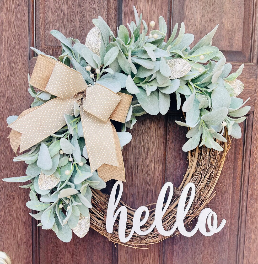 Hello Wreath for Front Door, Everyday Wreath, Lambs Ears, Leaves, Porch ...
