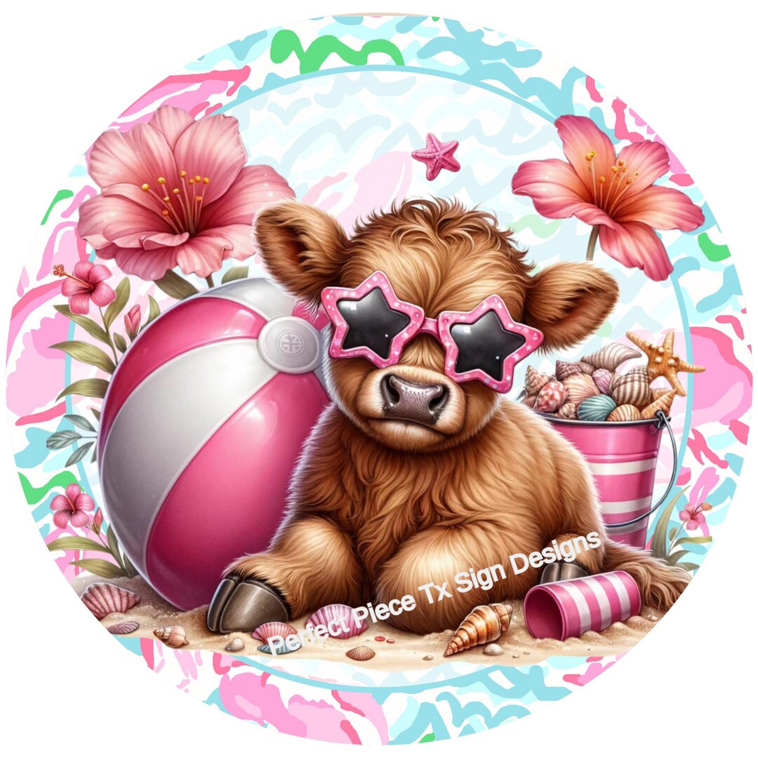 Highland Cow Beach Ball Sign, Beach Ball Summer Cow Sign, Cow Wreath ...