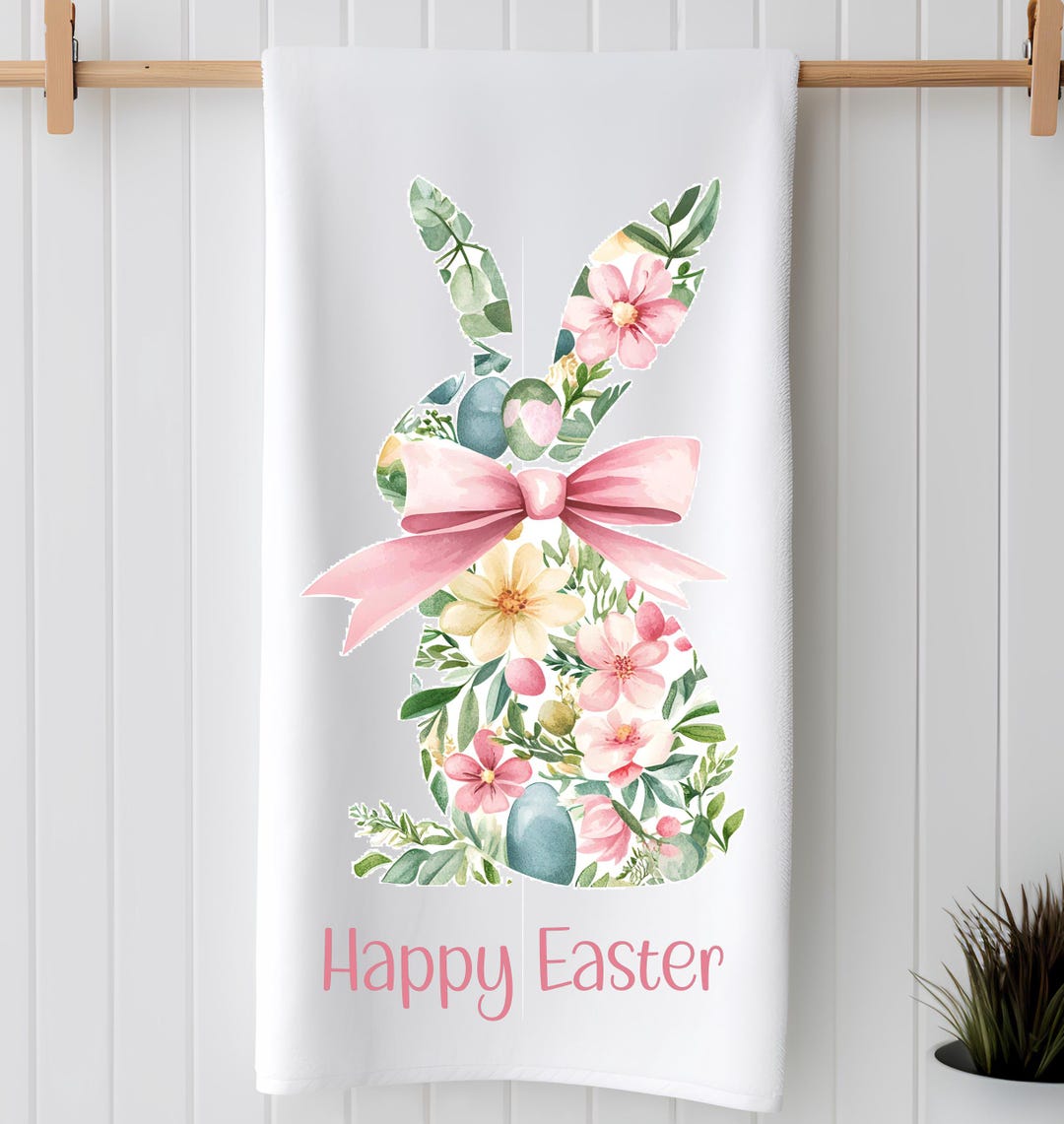Floral Easter Bunny Towel, Bunny and Bows, Easter Kitchen Dish Towel ...