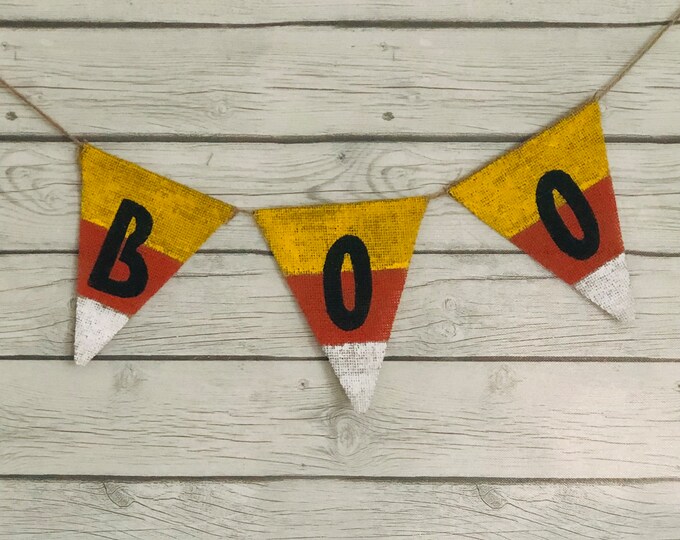 Candy Corn BOO Burlap Banner, Custom Halloween Banner, Trick or Treat ...