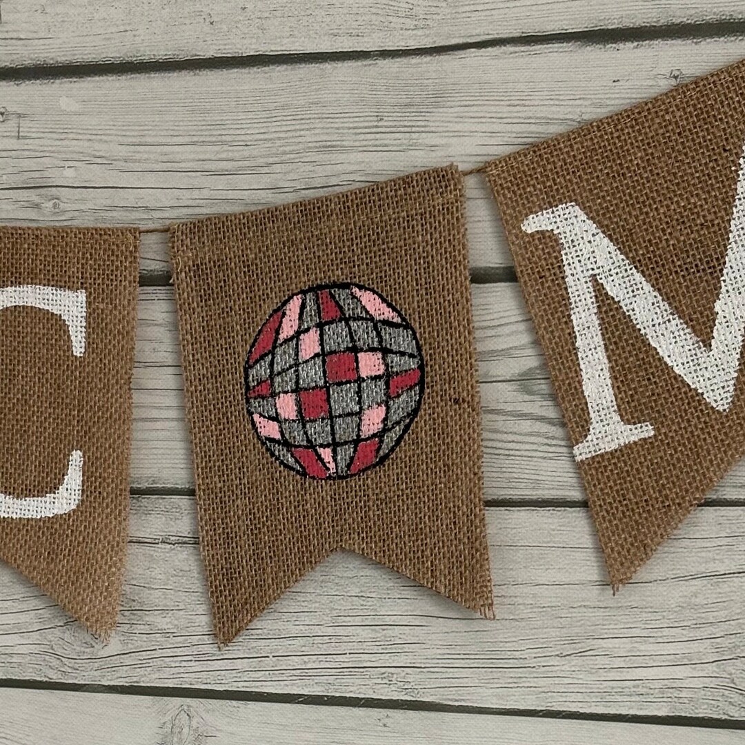 Disco Welcome Burlap Banner, Disco Ball Garland, Rustic Boho Banner ...