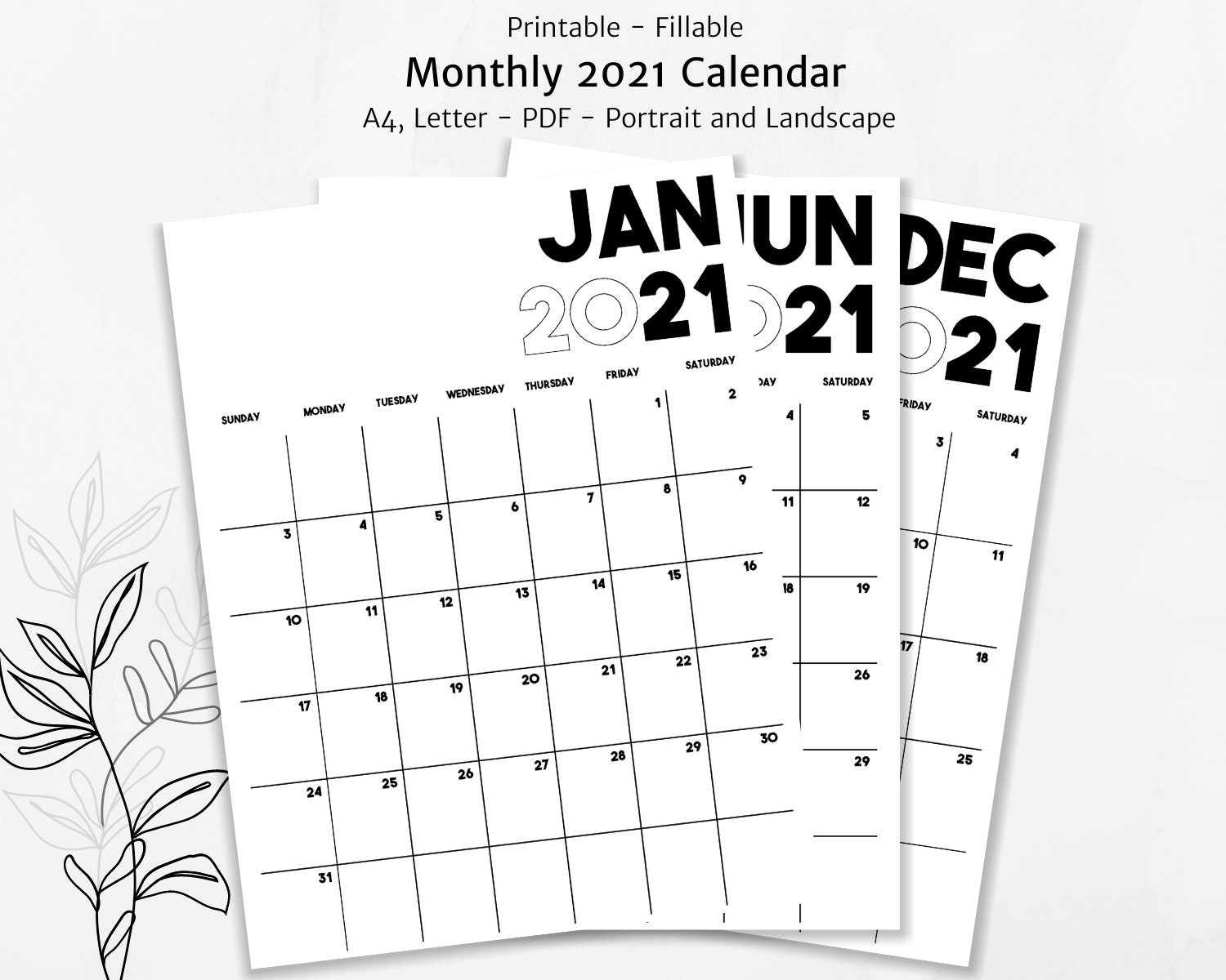 2021 Fillable Printable Calendar | Digital Editable Monthly | Instant ...