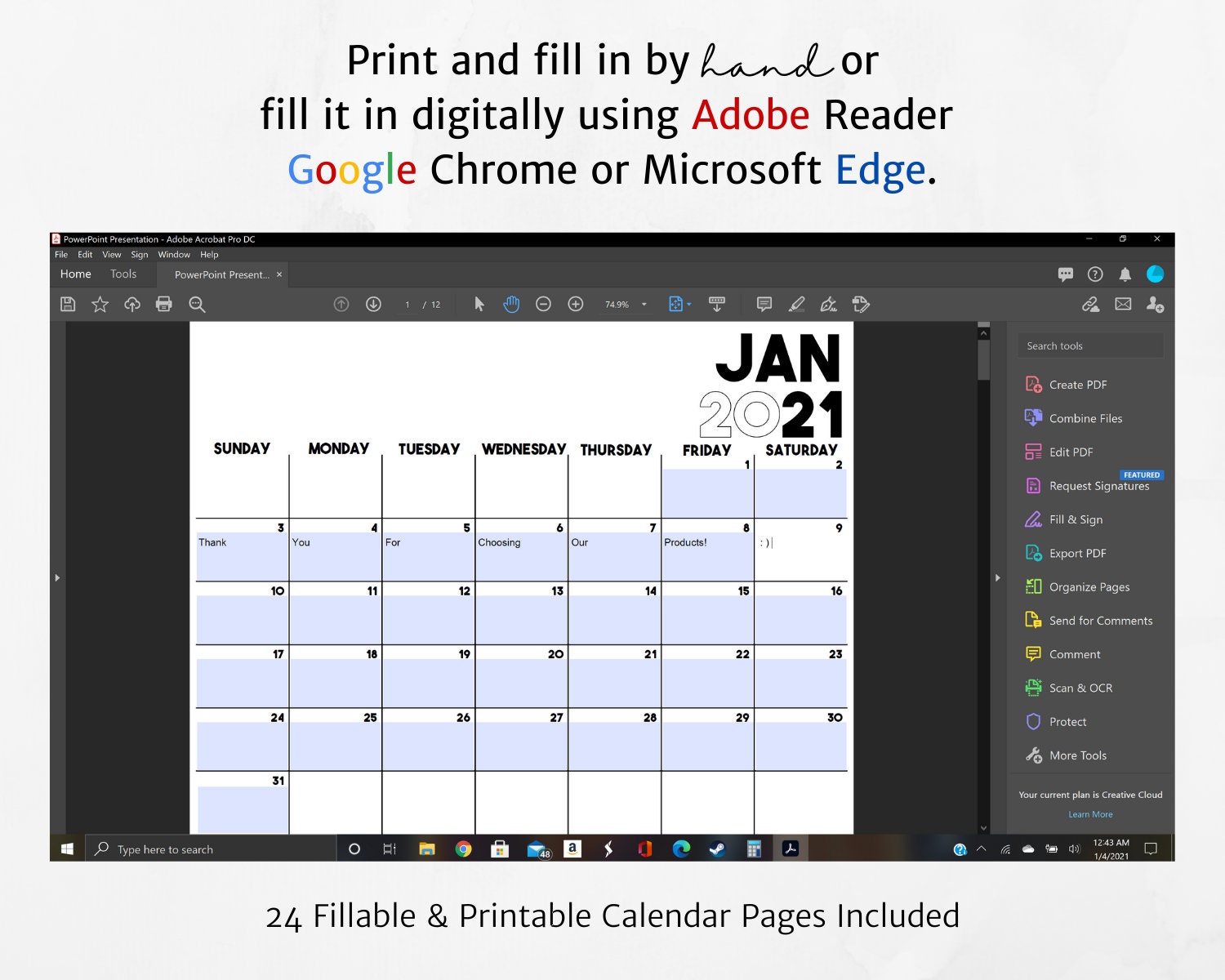 2021 Fillable Printable Calendar | Digital Editable Monthly | Instant ...