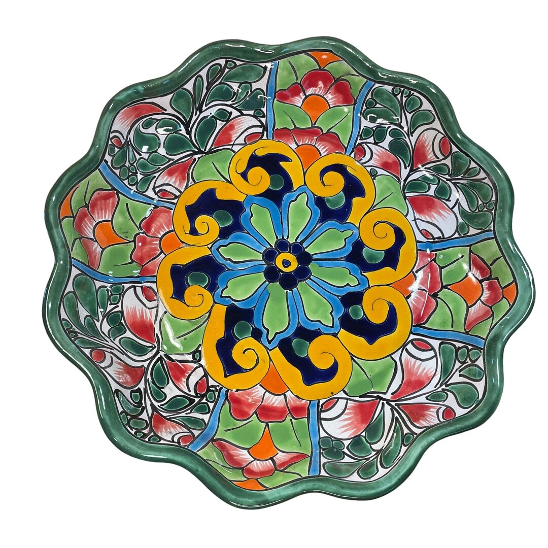 Talavera Mexican Pottery Round Scalloped Colorful Serving Dish Platter ...