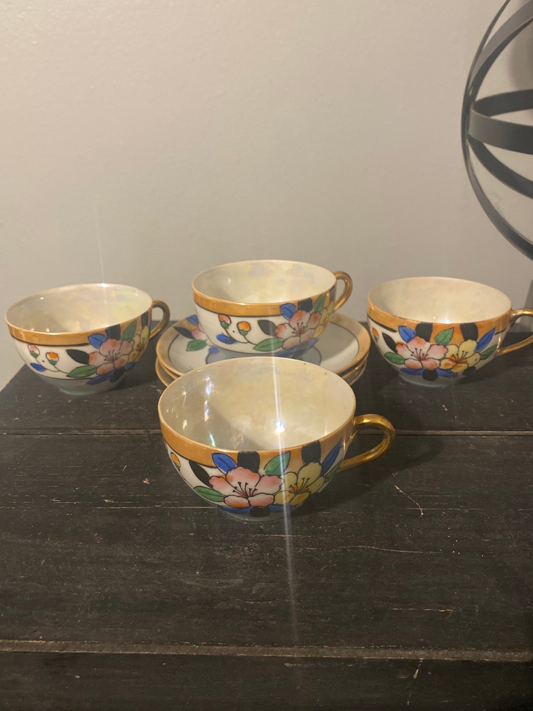 Vintage Lusterware Tea Cups (4) and Saucers (3) - Hand-painted. Made in ...