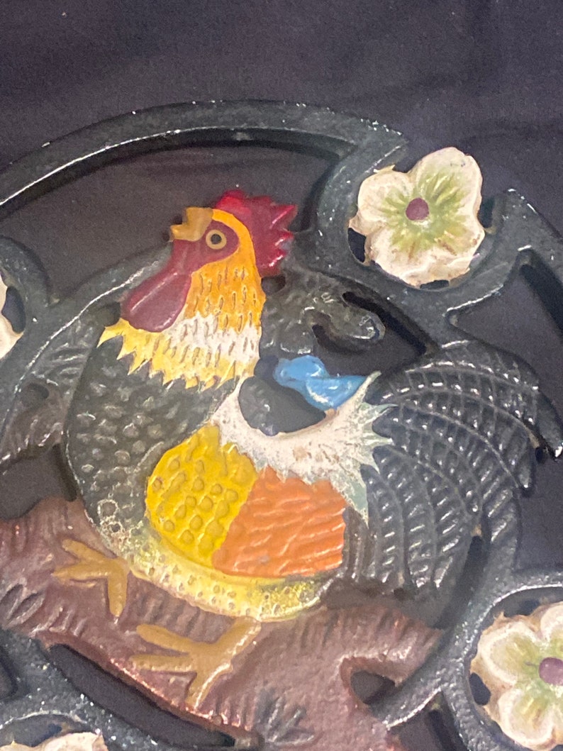 Vintage Hand Painted Cast Iron Trivet With Chicken and Flowers - Etsy