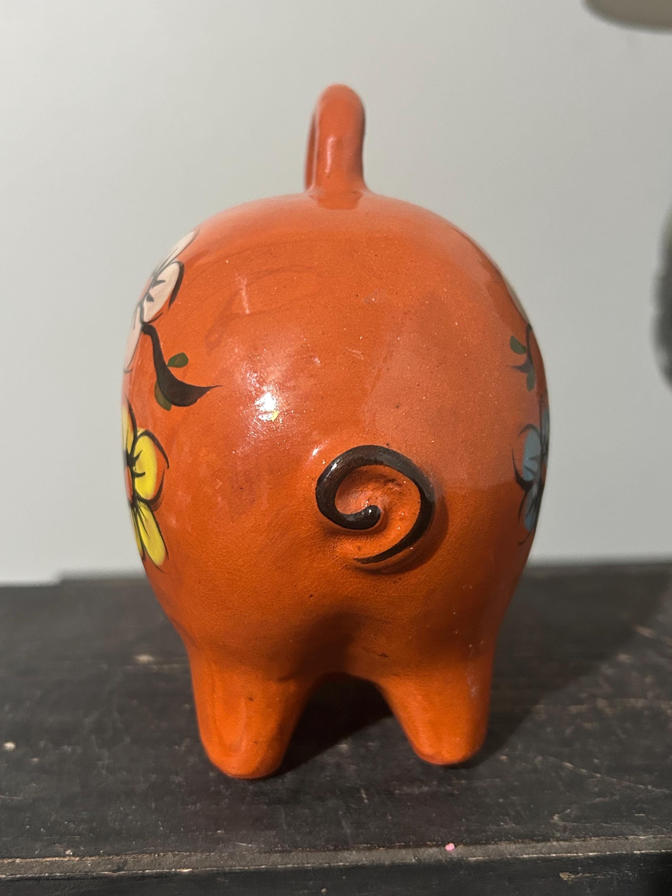 Vintage Red Clay Piggy Bank With Hand Painted Flowers and Details ...