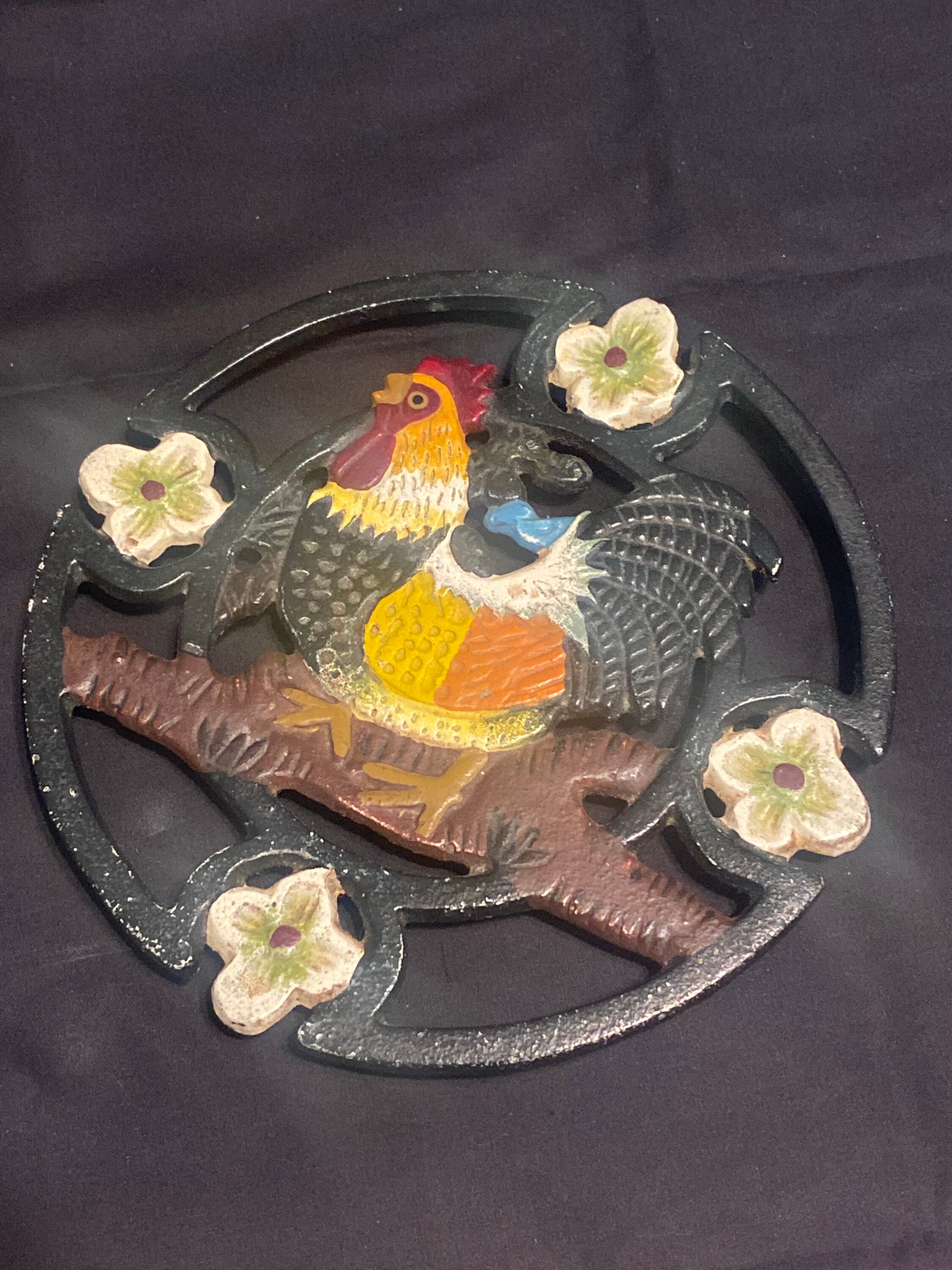 Vintage Hand Painted Cast Iron Trivet With Chicken and Flowers - Etsy