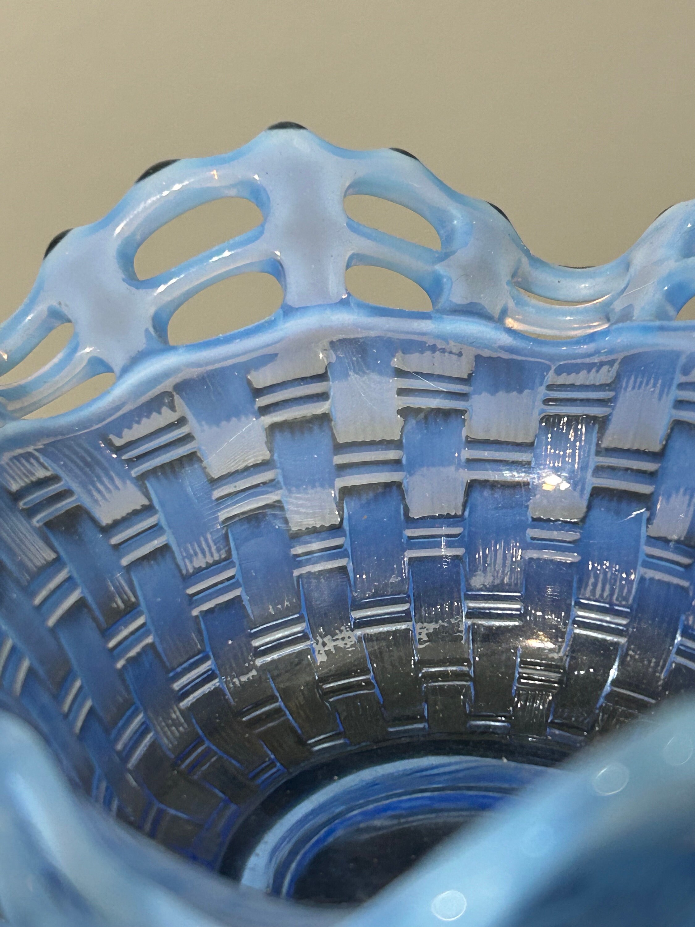 Fenton Ruffle Edge Basket Weave Blue Opalescent Small Bowl - Etsy