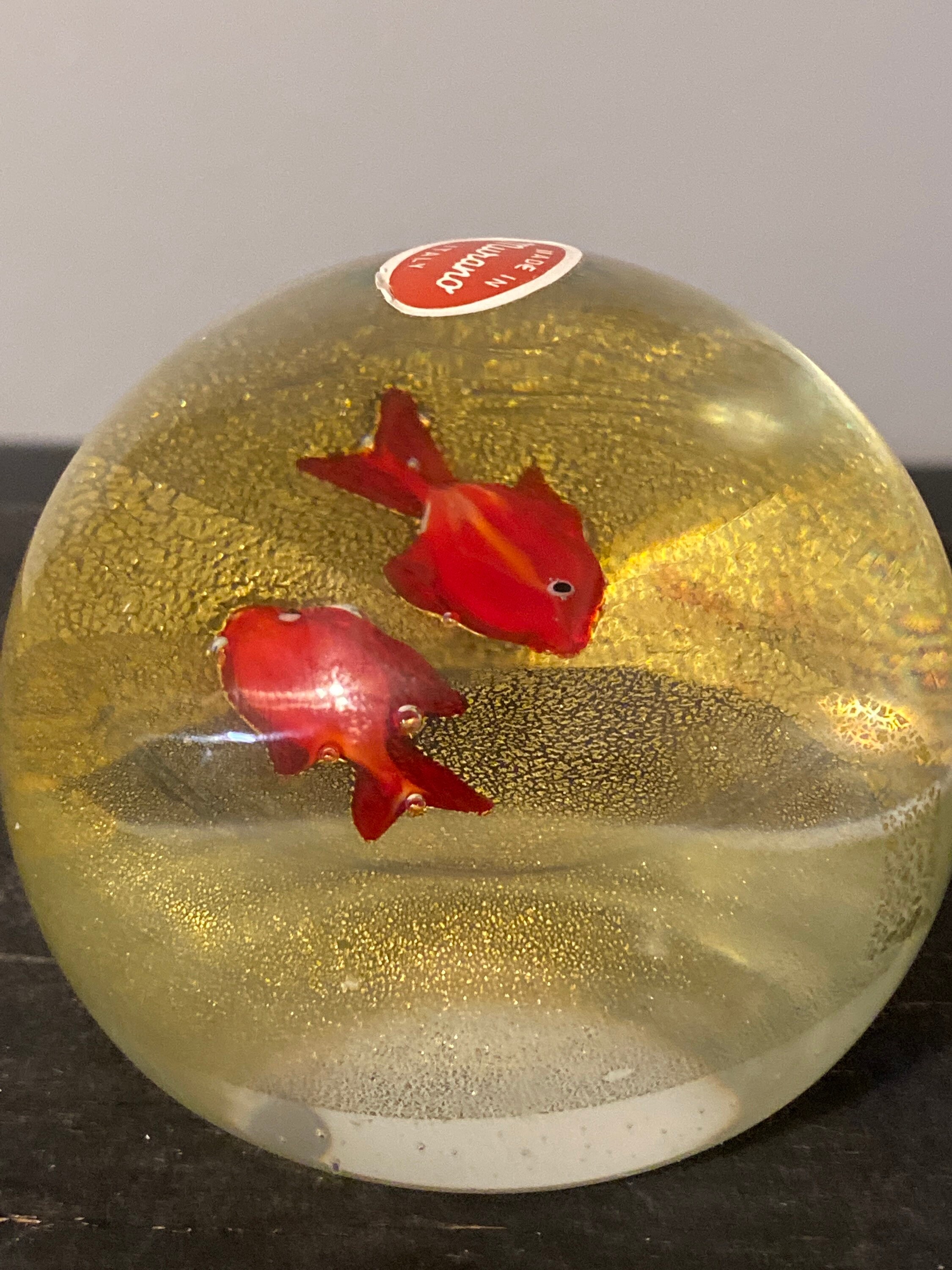 Murano Domed Paperweight With Red Fish Swimming in Gold Flecks - Italy ...
