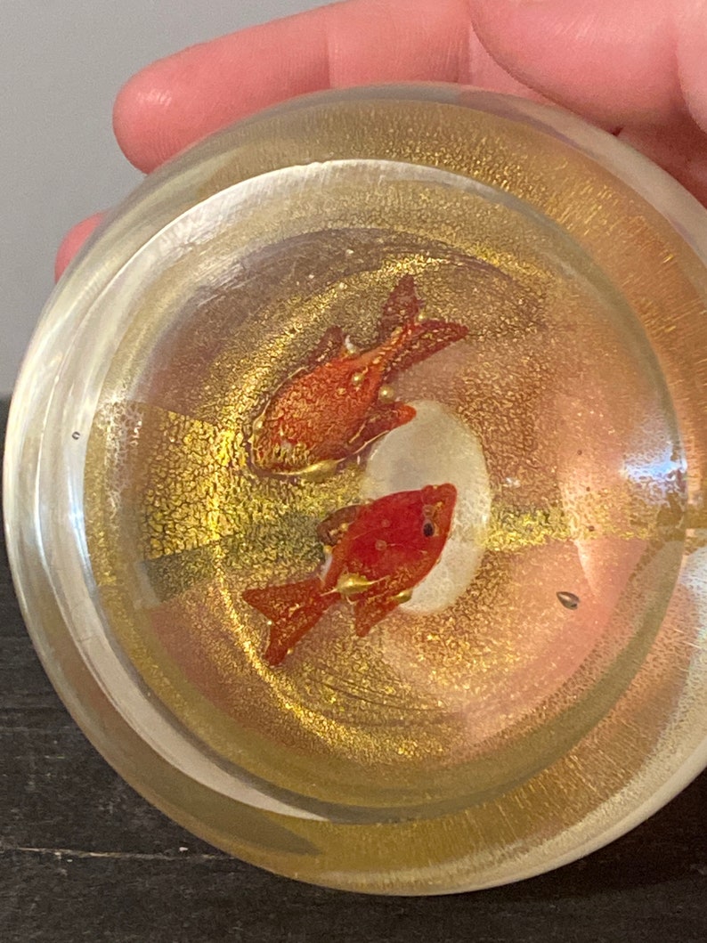 Murano Domed Paperweight With Red Fish Swimming in Gold Flecks - Italy ...