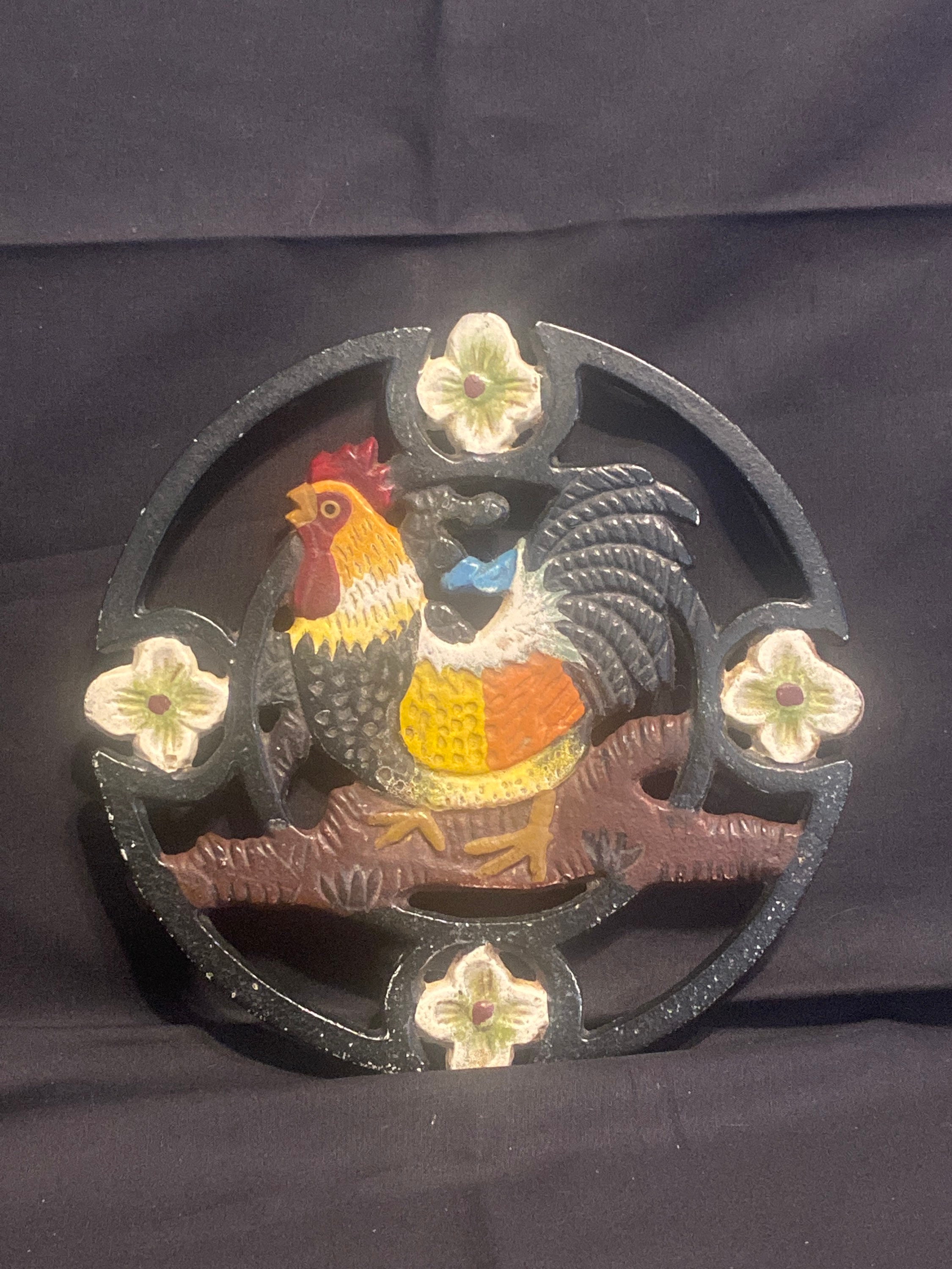 Vintage Hand Painted Cast Iron Trivet With Chicken and Flowers - Etsy