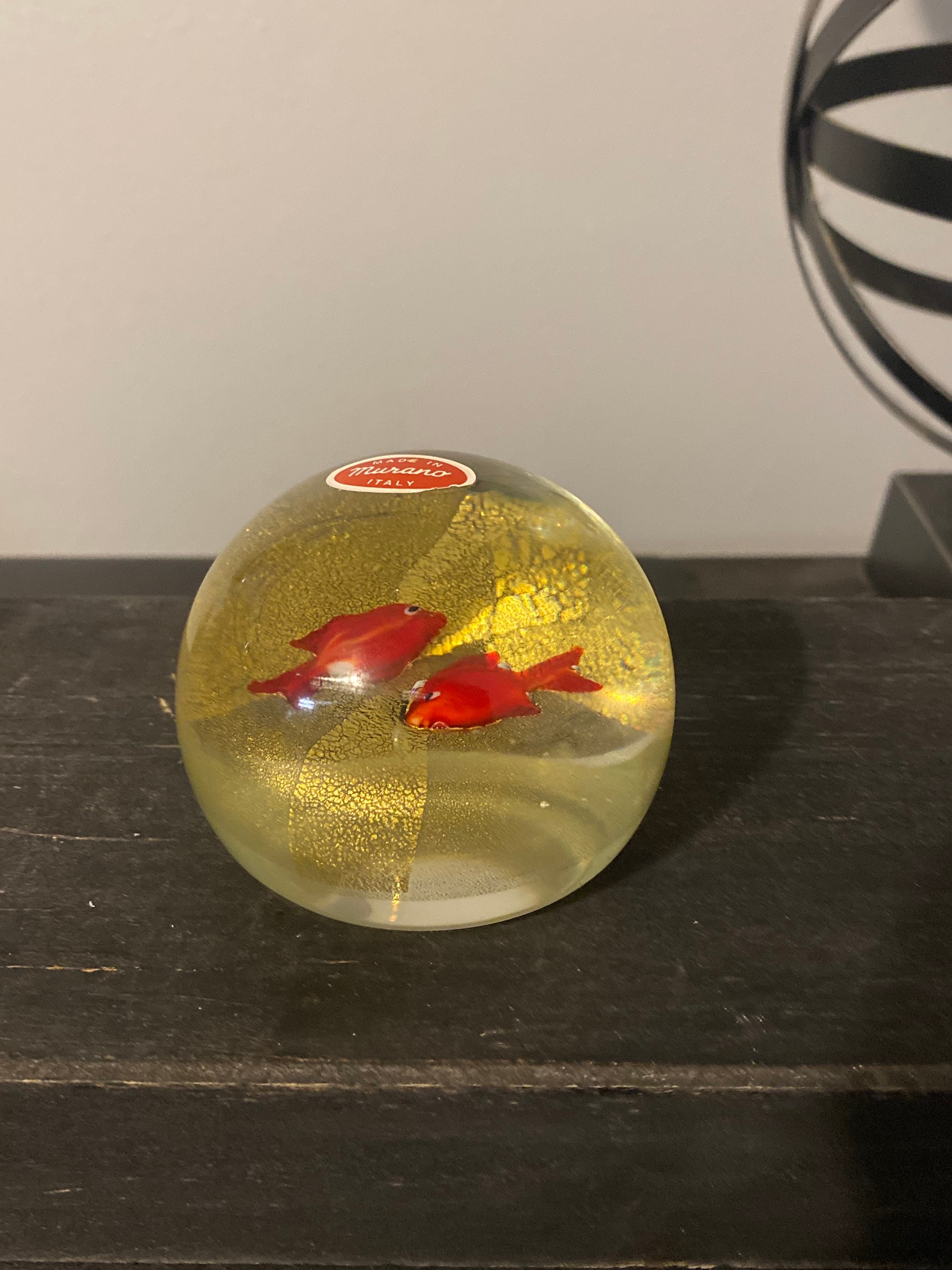 Murano Domed Paperweight With Red Fish Swimming in Gold Flecks - Italy ...