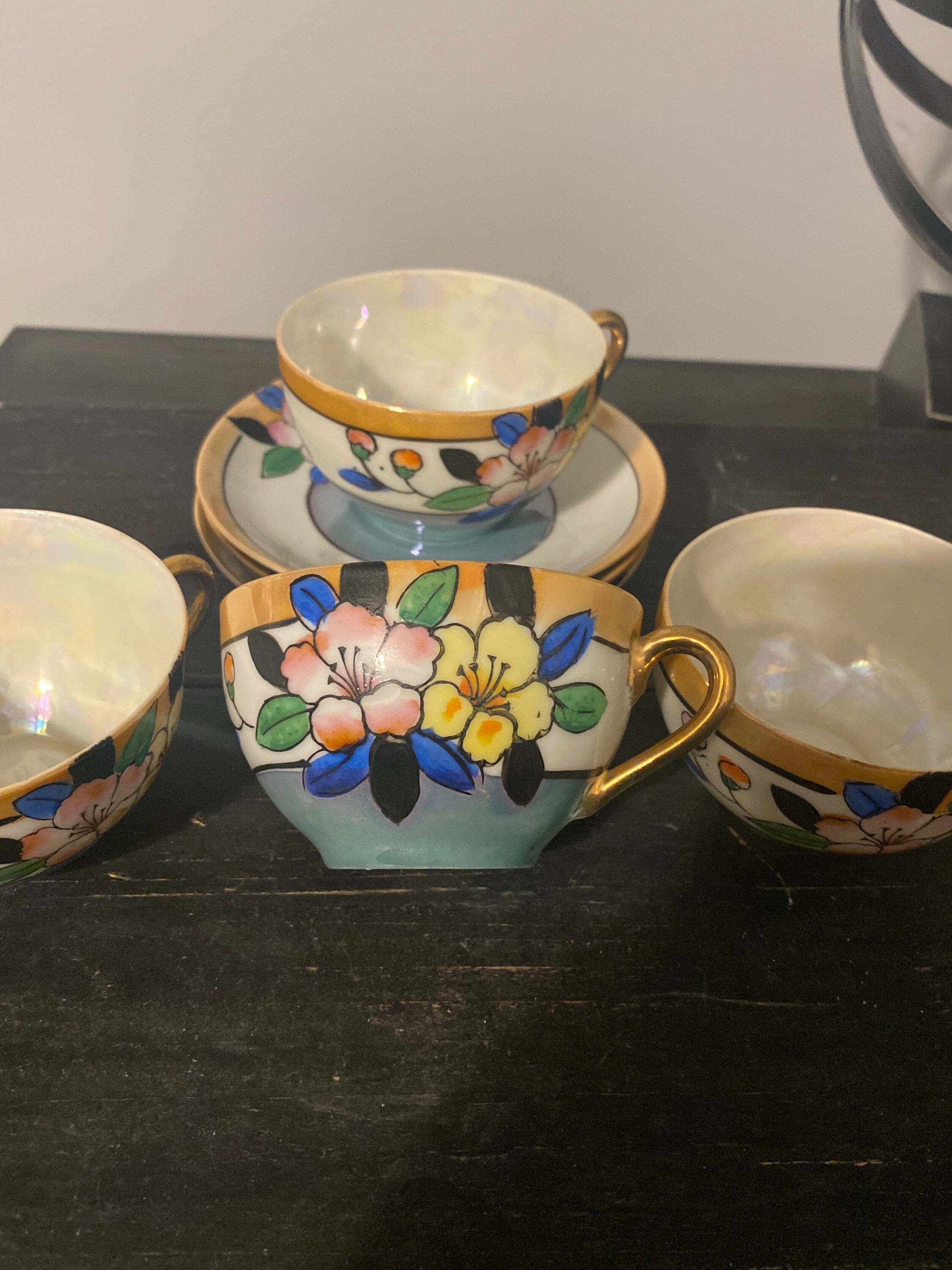 Vintage Lusterware Tea Cups (4) and Saucers (3) - Hand-painted. Made in ...