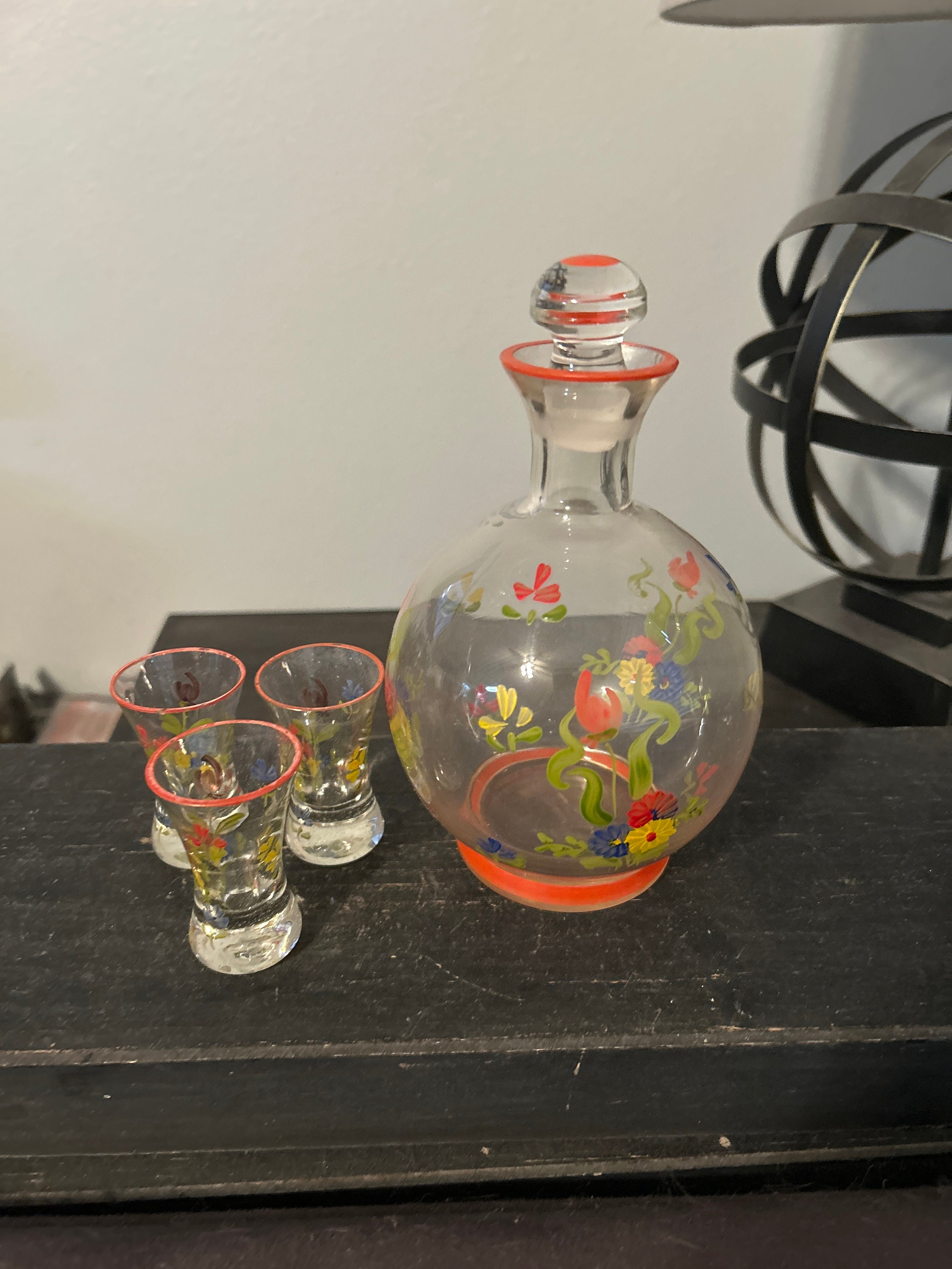 Vintage Hand Painted Decanter With Three Hand Painted Shot Glasses - Etsy