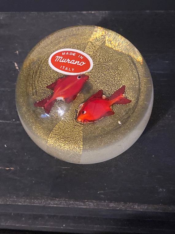 Murano Domed Paperweight With Red Fish Swimming in Gold Flecks | Etsy