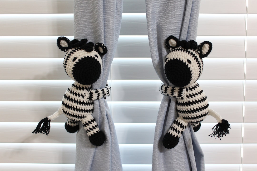 Pair of Crochet Zebra Curtain Tie Backs, Stuffed Zebra Curtain Tie ...