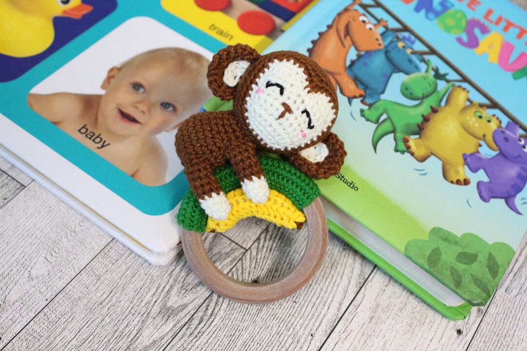 Handmade Crochet Monkey Rattle Ring, Monkey Teether, Crochet Baby ...