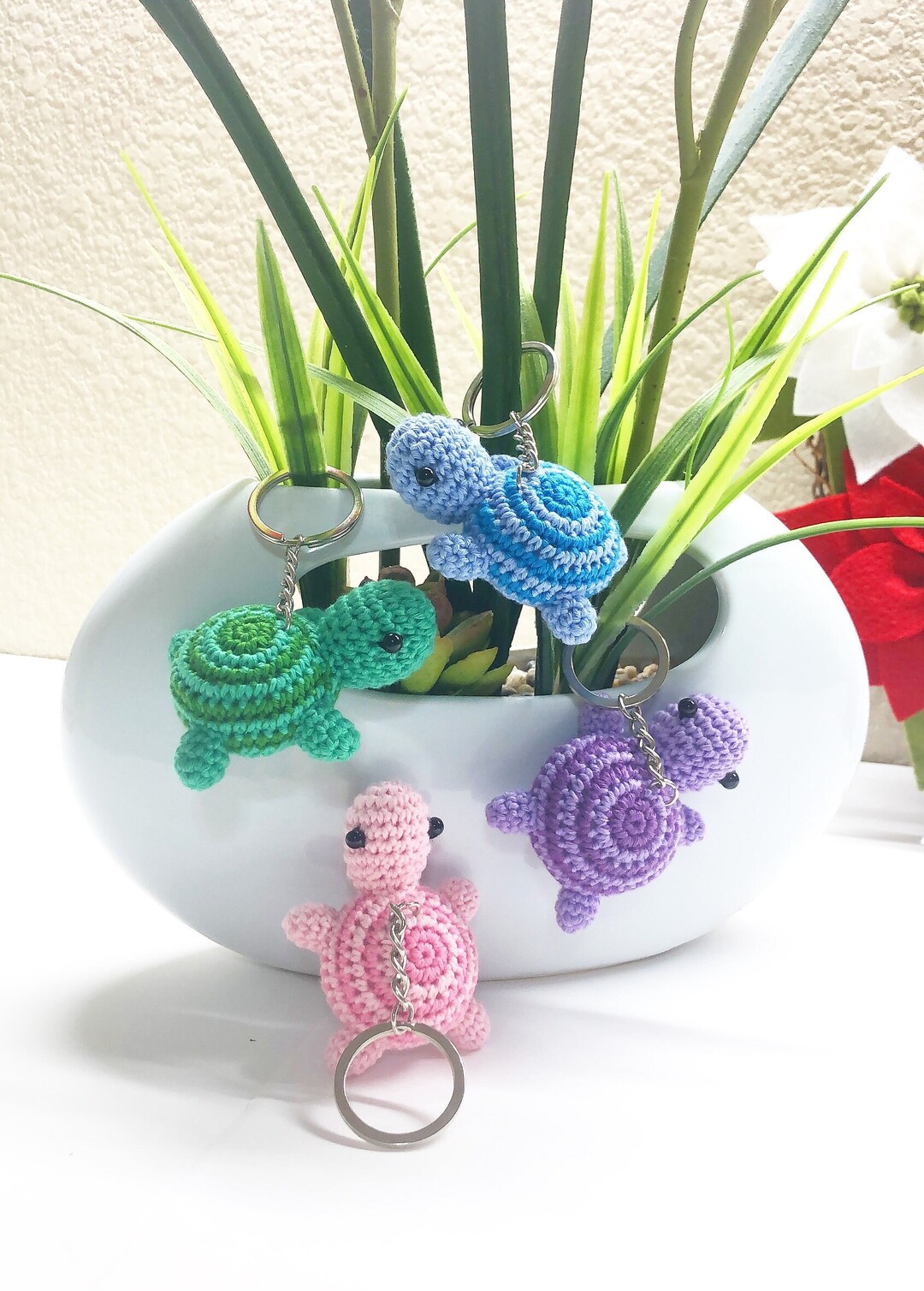Set of 4 Handmade Crochet Turtle Keychain, Amigurumi Turtle Bag Charm ...