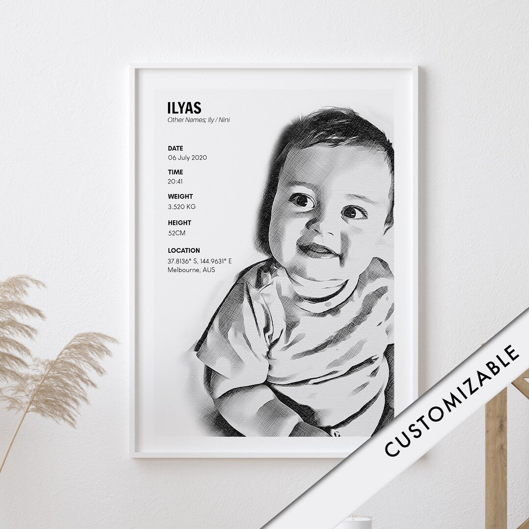 Baby/kids Custom Pencil Sketch & Birth Information | Custom Digital ...