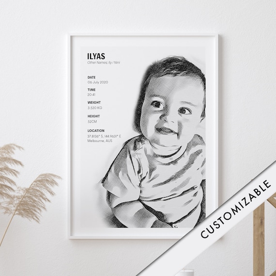 Baby/kids Custom Pencil Sketch & Birth Information Custom | Etsy