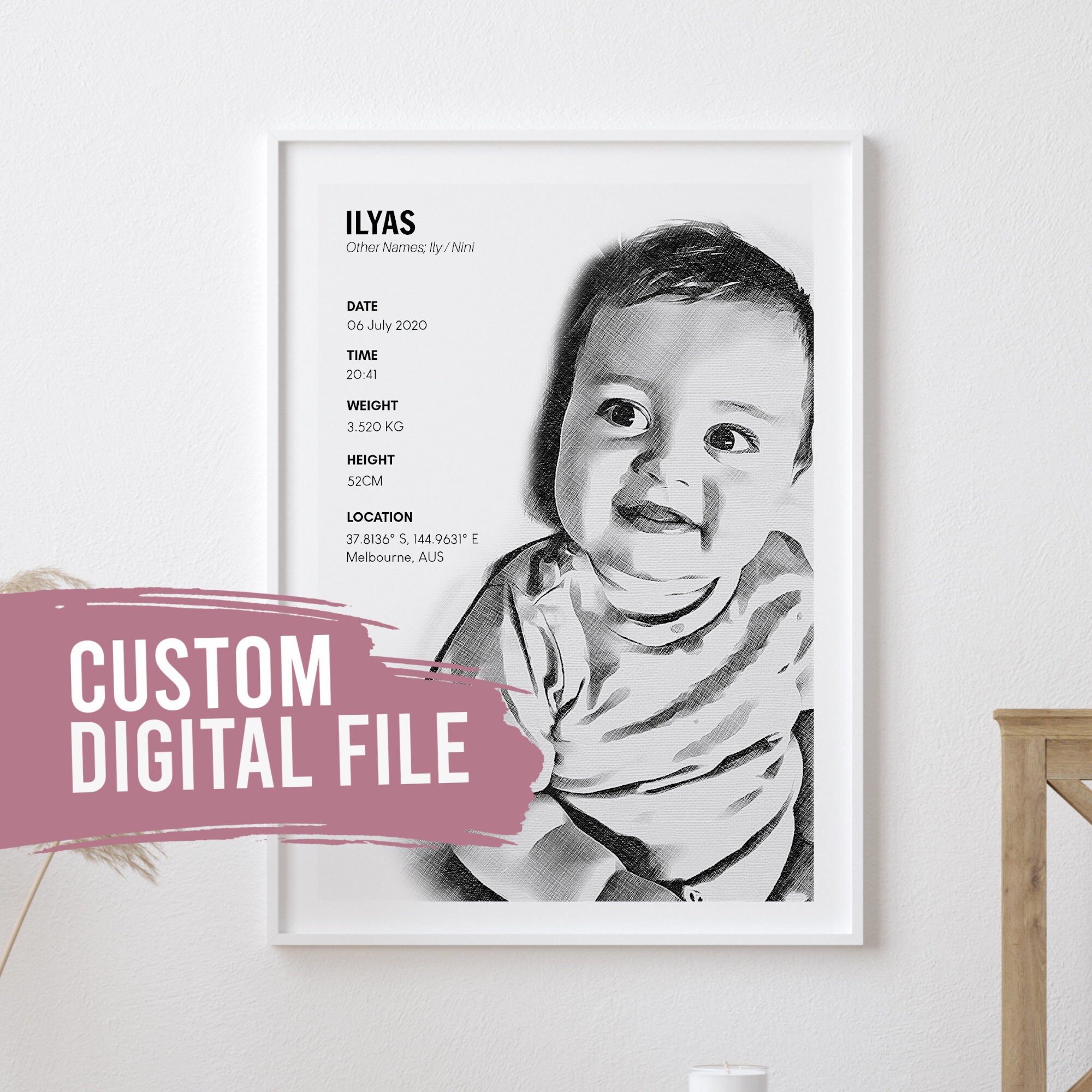 Baby/kids Custom Pencil Sketch & Birth Information Custom | Etsy