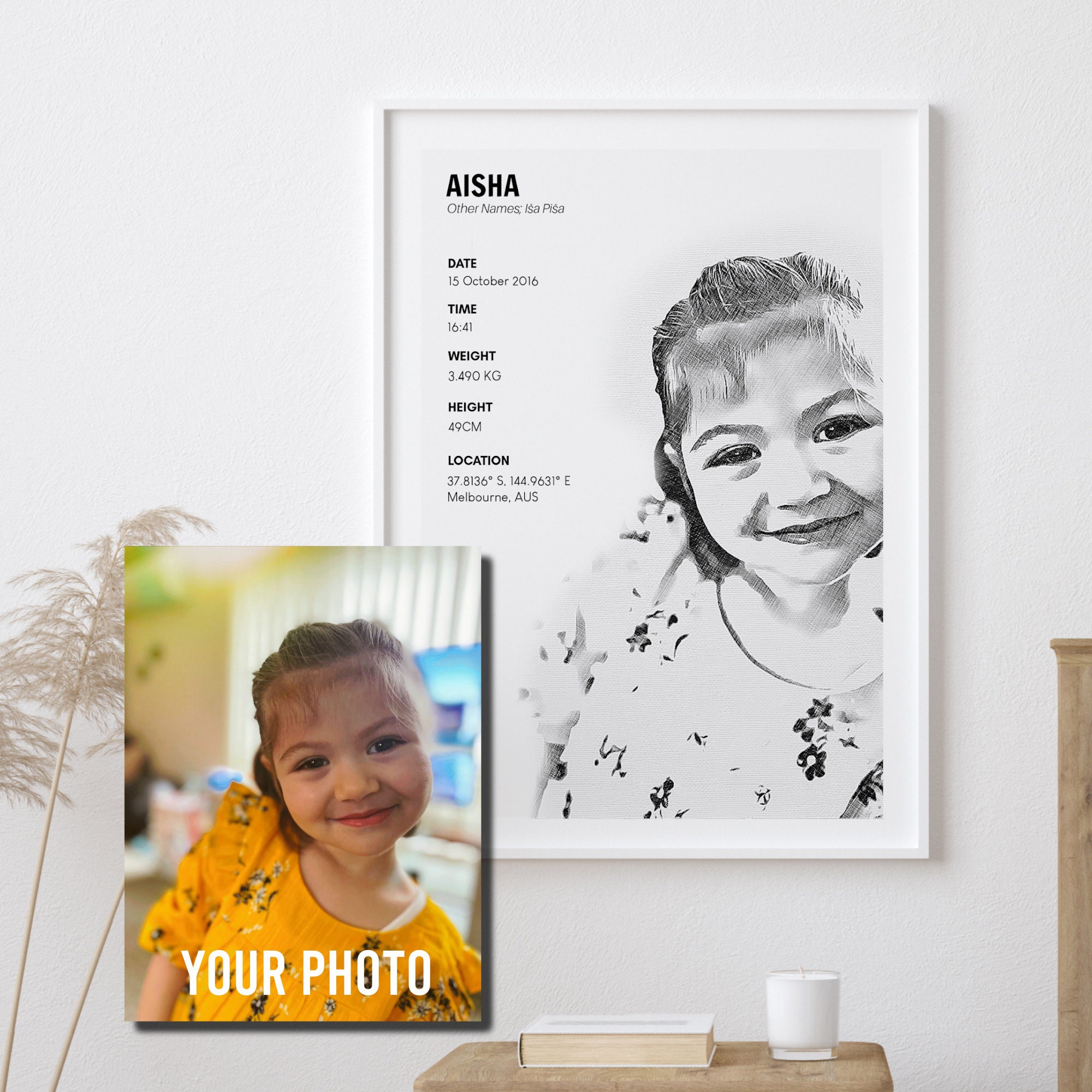 Baby/kids Custom Pencil Sketch & Birth Information Custom | Etsy