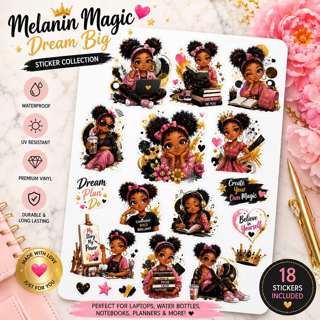 Black Girl Magic Vinyl Sticker Set | Waterproof Kiss Cut Stickers ...