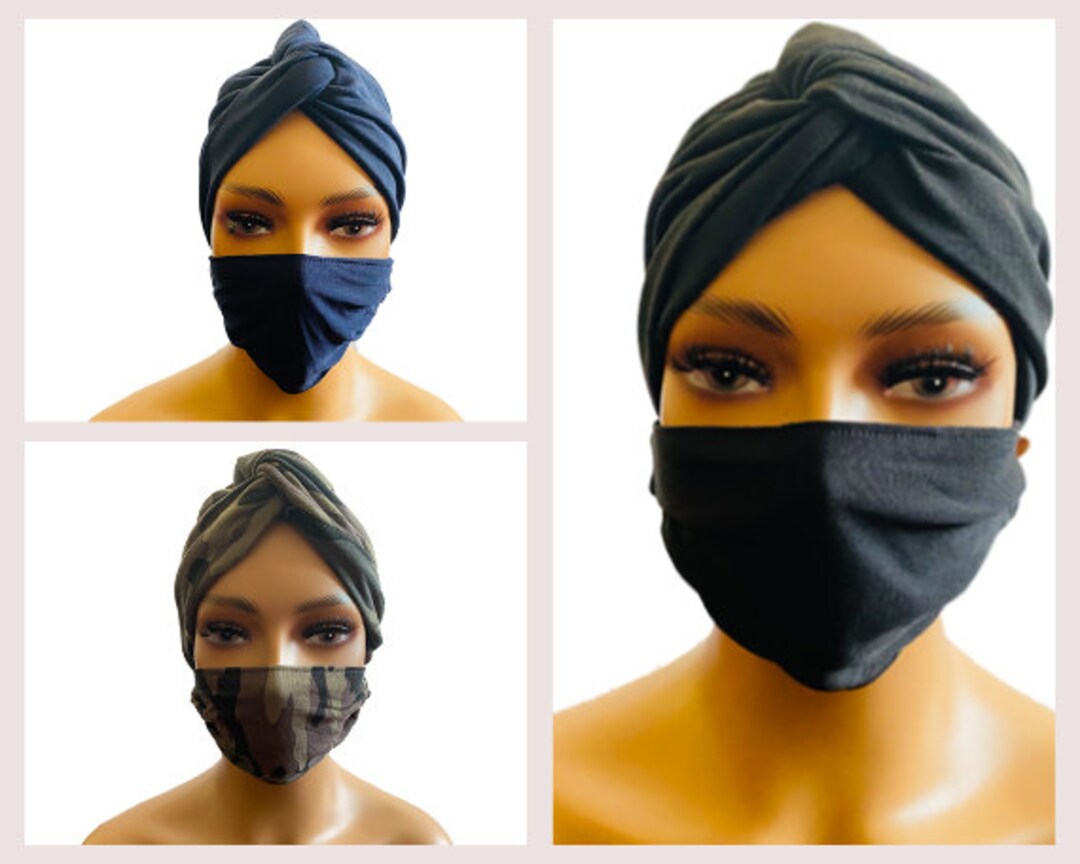 Headwrap Pre-tied Turban With Matching Face Mask for Women. Adult Head ...