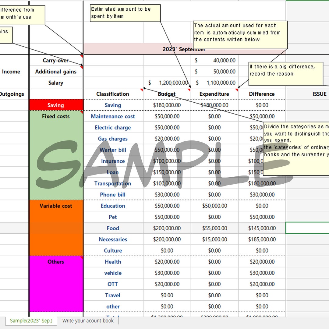 Excel/ Google Spreadsheet Account Book (easy to Fill Out/easy to See at ...