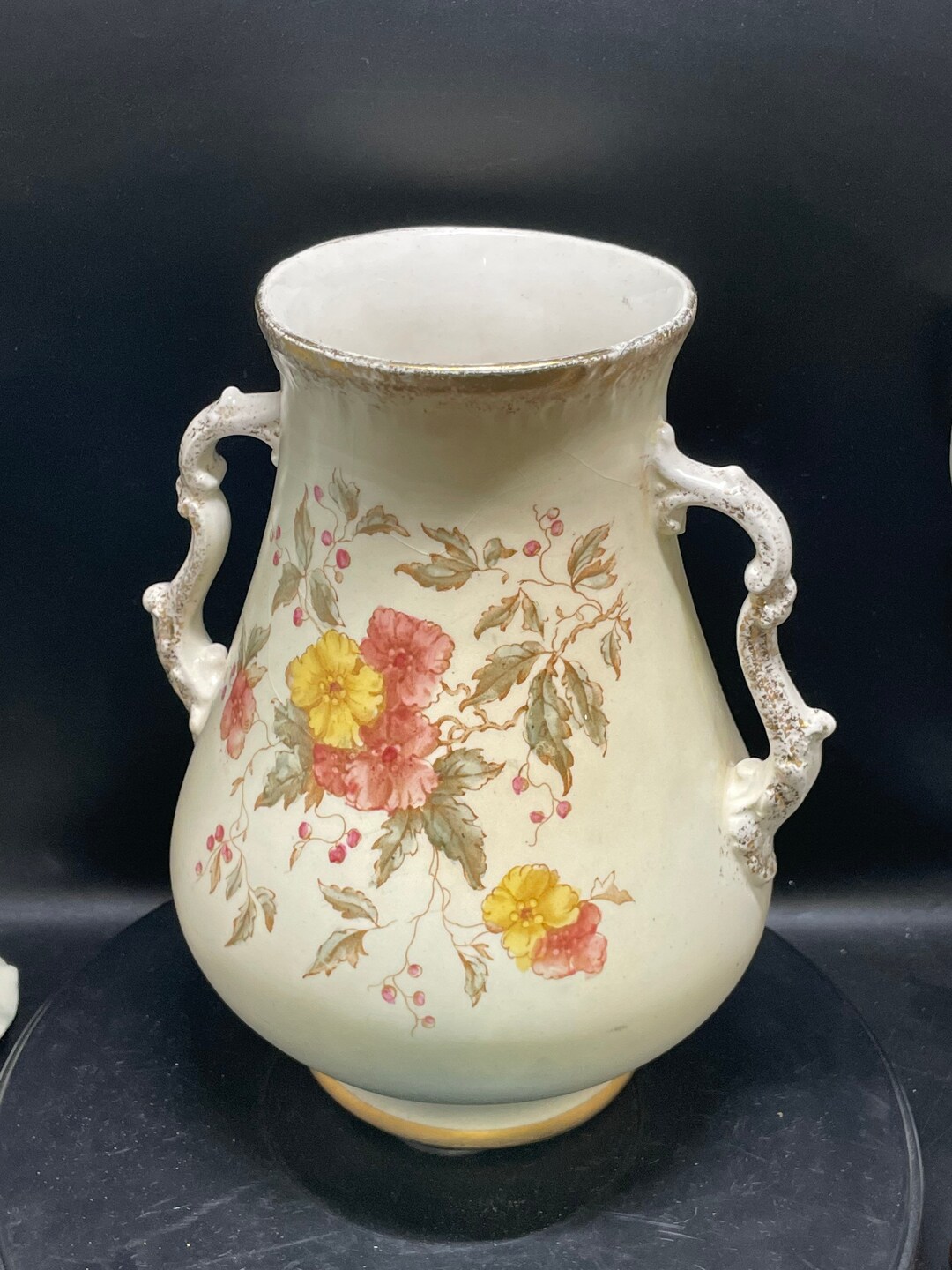 Vintage White Colour and Flowers Decorations, Twins Handled Vase ...