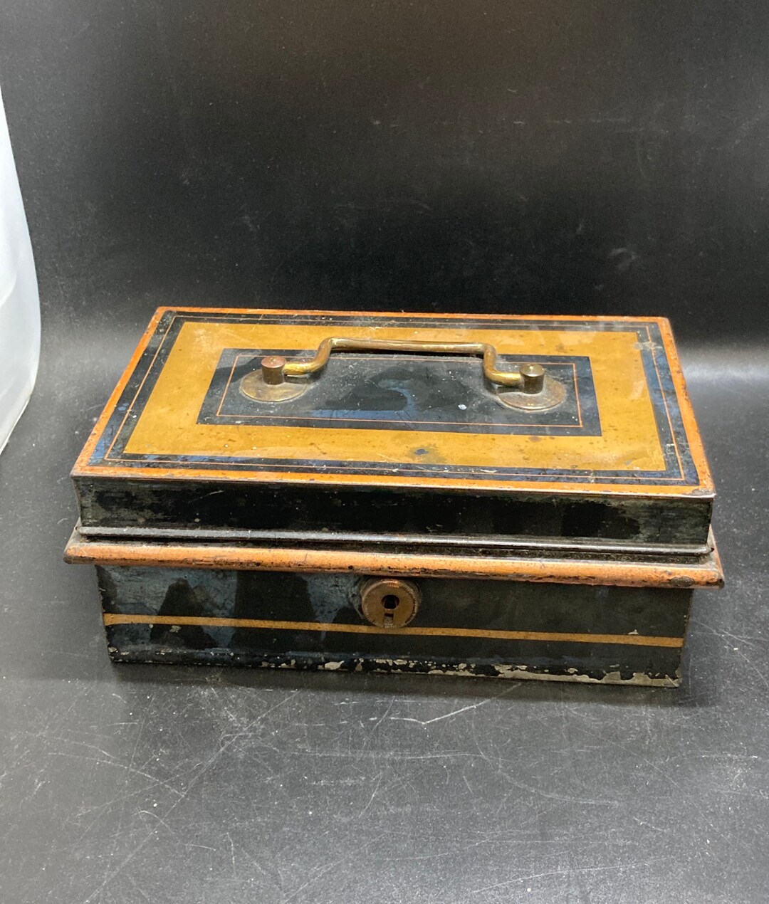 Vintage Tinplate Money Box ,metal Tin Empty Rectangle Black and Yellow ...