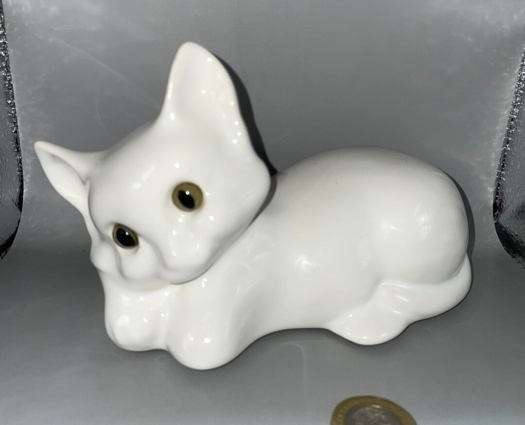 White Ceramic Figurine Cat, Vintage Mid Century Pottery Cat Figurine ...
