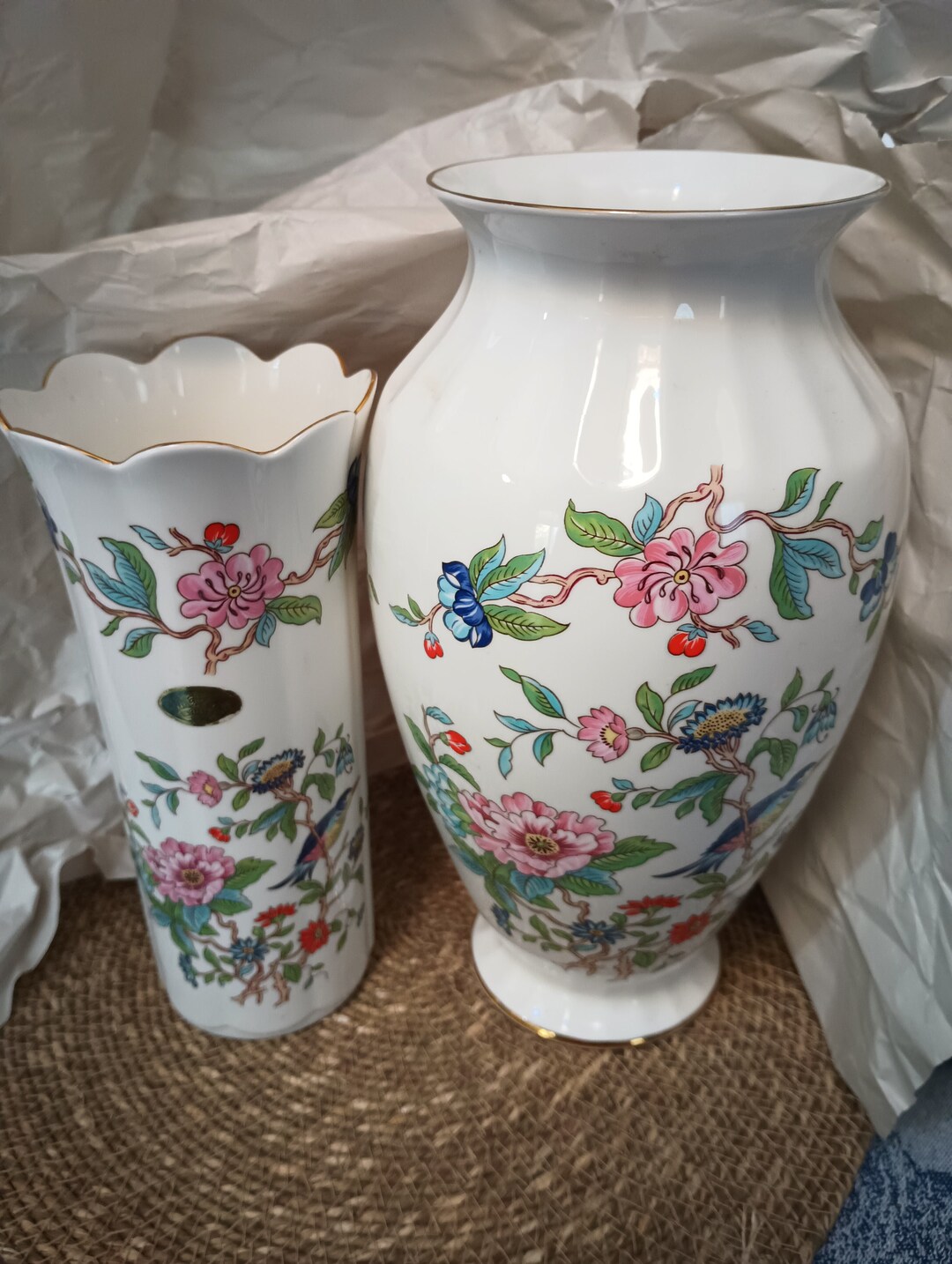Aynsley England Bone China Flower Bird Vases Set of Two Unique Ceramic ...