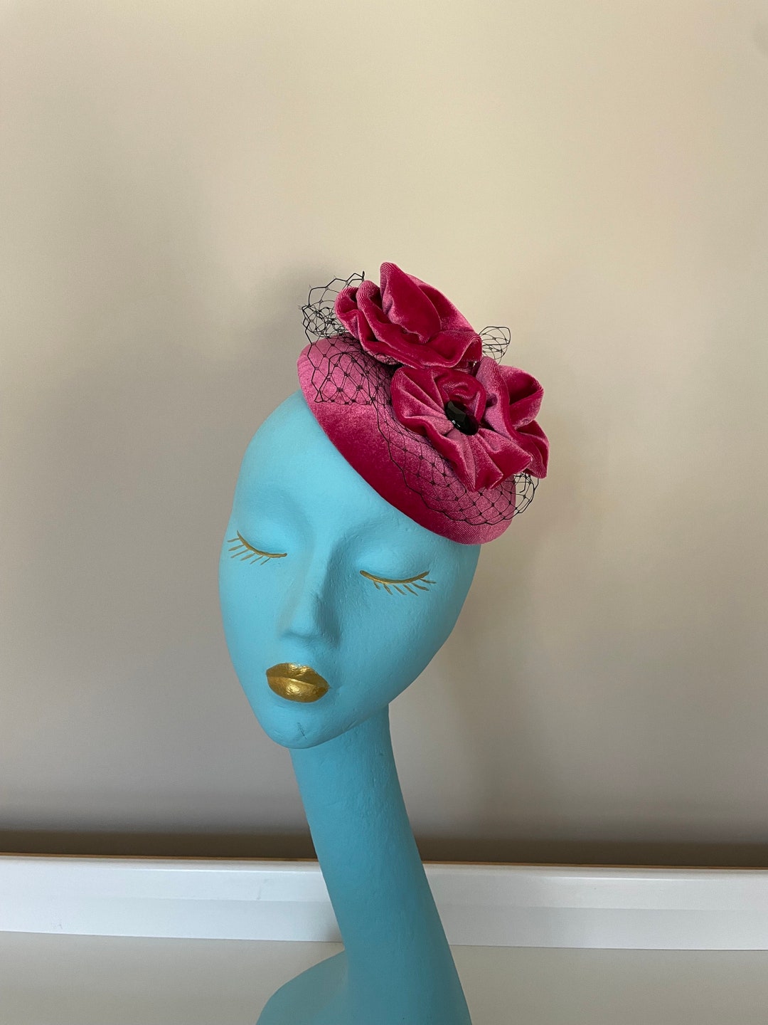 Pink Velvet Button Cocktail Fascinator, Vintage Style Flower and Net ...