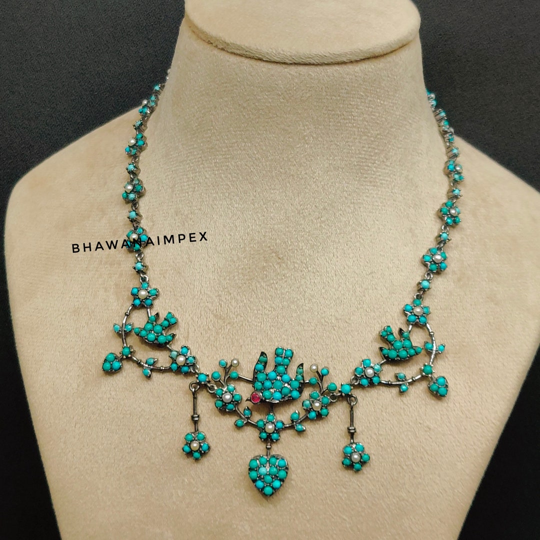Turquoise Birds Necklace: Sterling Silver Victorian Ruby-eyed Jewelry ...